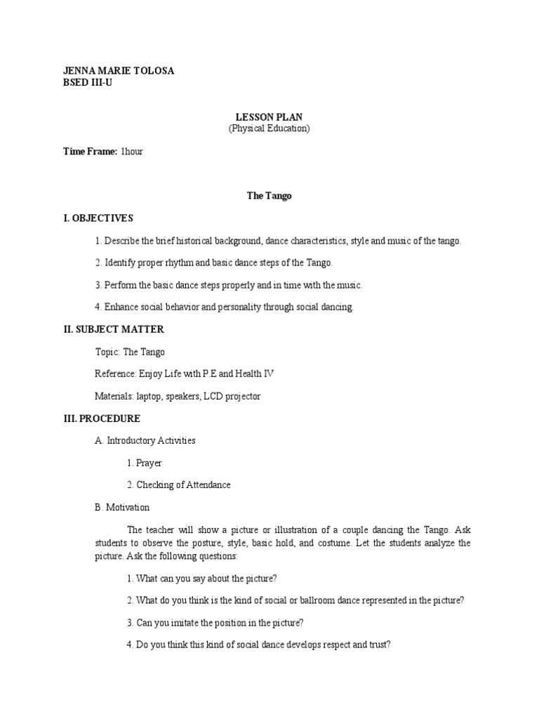 Tango Dance Lesson Plan for BSED III | PDF | Tango | Dances