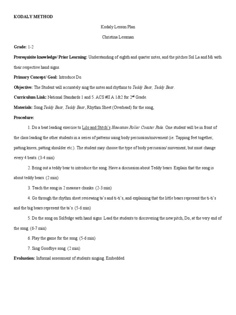 LESSON PLAN (Kodaly Method) | PDF