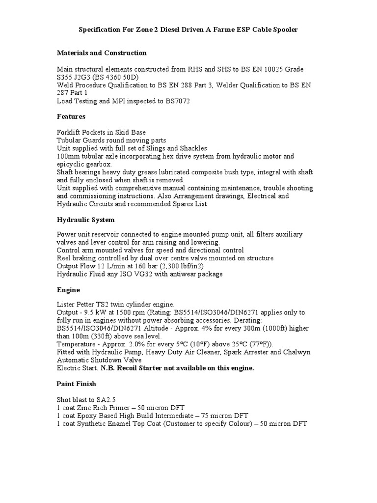 Specification for a Zone 2 Diesel-Powered A-Frame ESP Cable Spooler ...