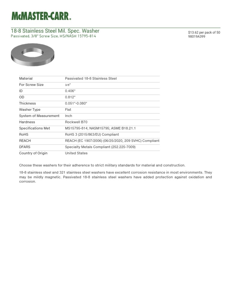 18-8 Stainless Steel Mil. Spec. Washer, Passivated, 3 - 8 - Screw Size ...