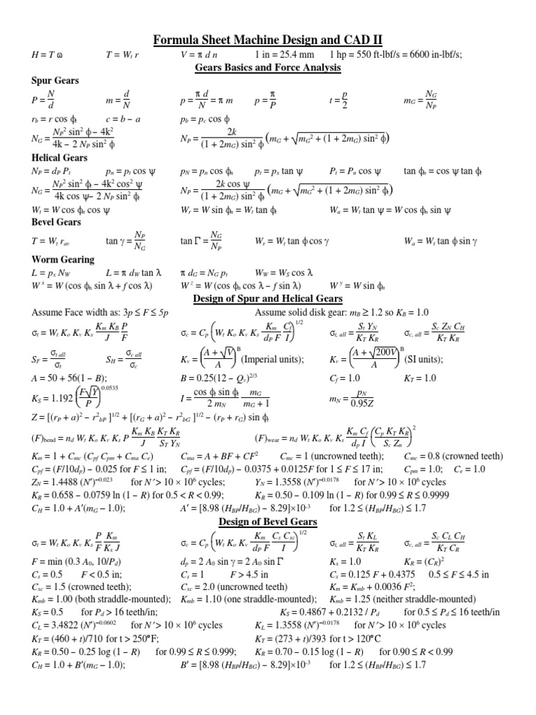 Formula Sheet Gears | PDF | Tools | Equipment