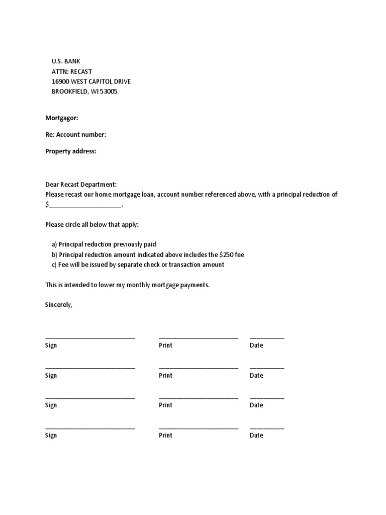Recast Request Template Reduce Your Home Mortgage | PDF