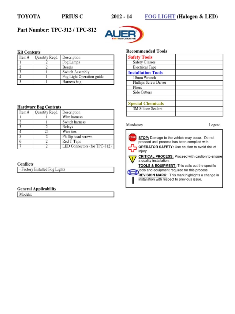 Toyota Prius C 2012 - 14 (Halogen & LED) Part Number: TPC-312 / TPC-812 | PDF | Headlamp ...