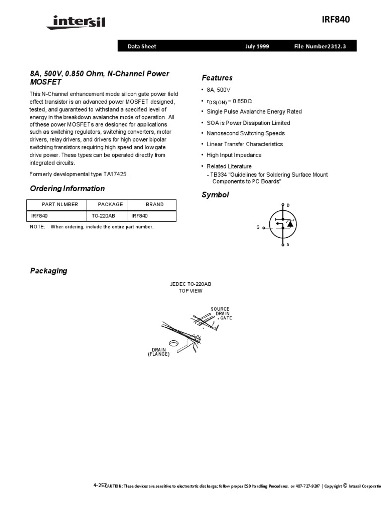 Datasheet IRF840 MOSFET | PDF | Field Effect Transistor | Mosfet