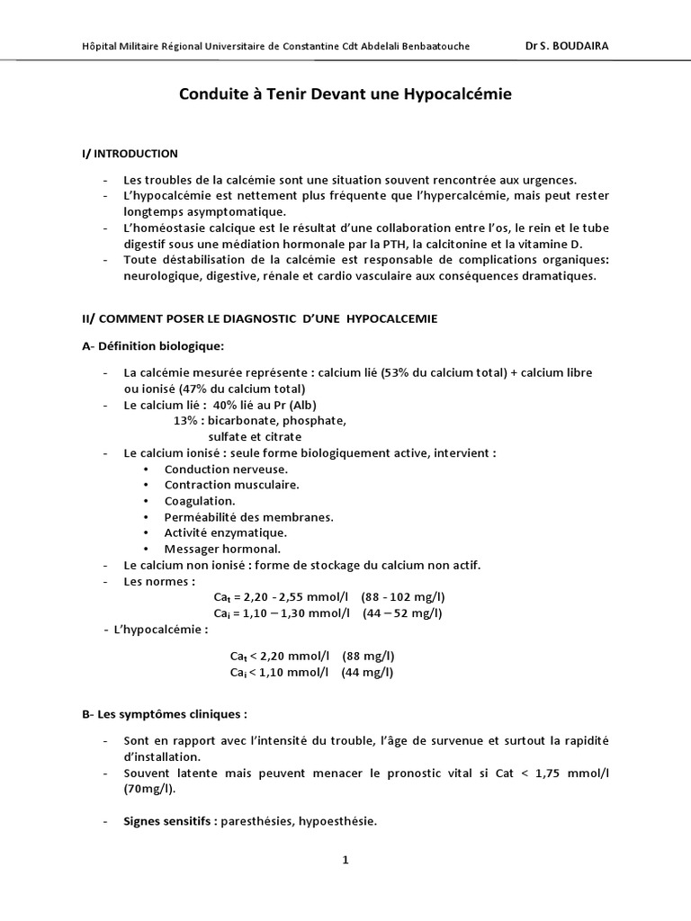 Conduite à Tenir en Hypocalcémie | PDF | Calcium | Spécialités médicales