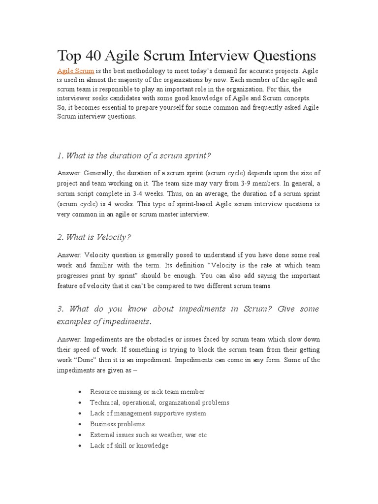 Top 40 Agile Scrum Interview Questions | PDF | Scrum (Software Development) | Agile Software ...