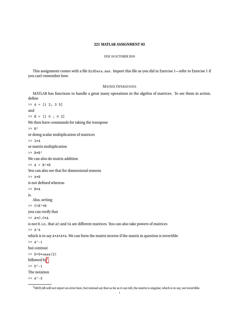 Ex3Data - Mat: 221 Matlab Assignment 03 | PDF | Matrix (Mathematics) | Functional Analysis