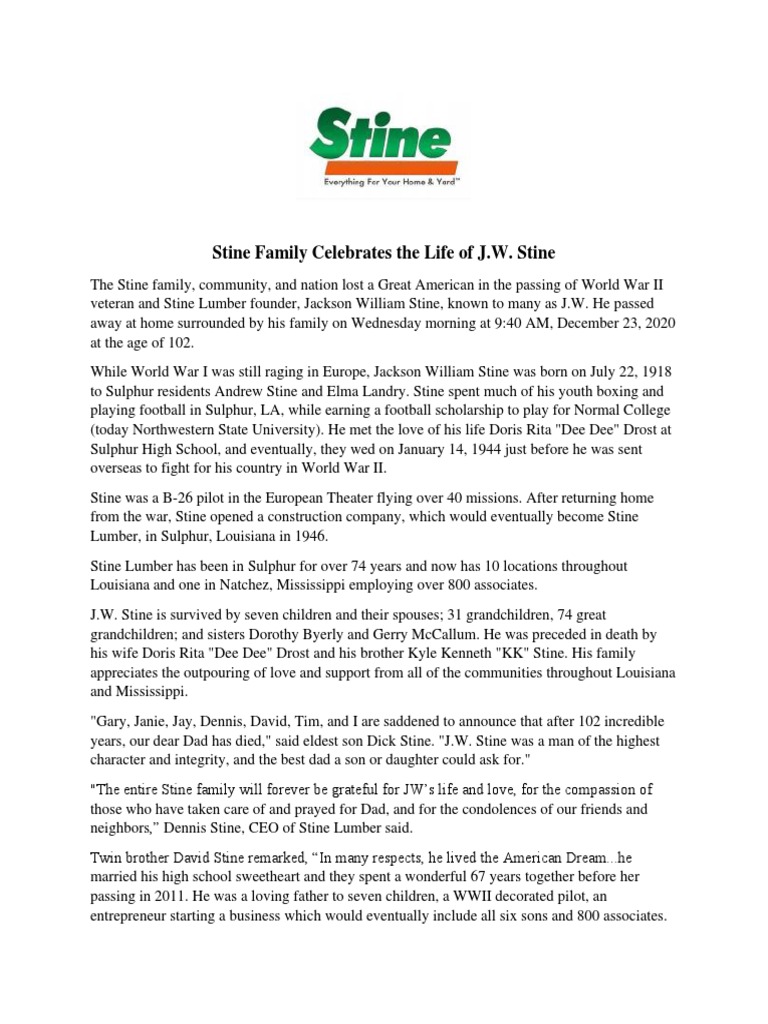 Stine Family Celebrates The Life of JW Stine | PDF | Unrest