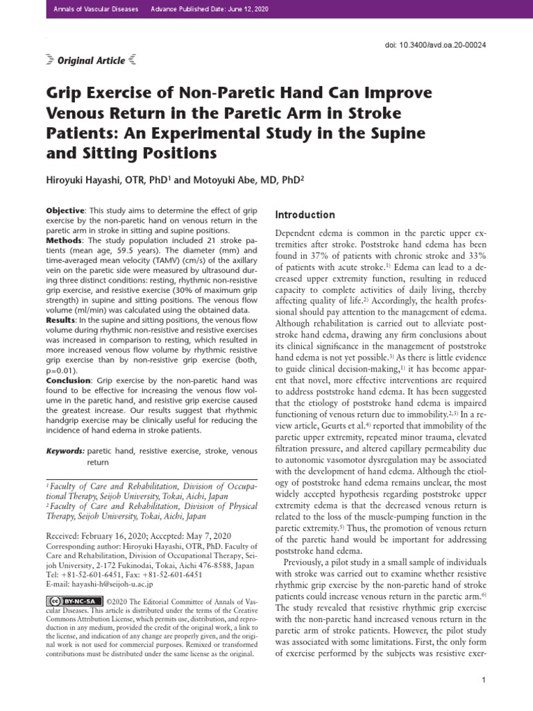 Grip Exercise of Non-Paretic Hand Can Improve Veno | PDF | Blood ...