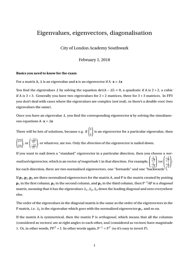 Normalised Eigenvectors and Diagonalisation | PDF | Eigenvalues And Eigenvectors | Matrix ...