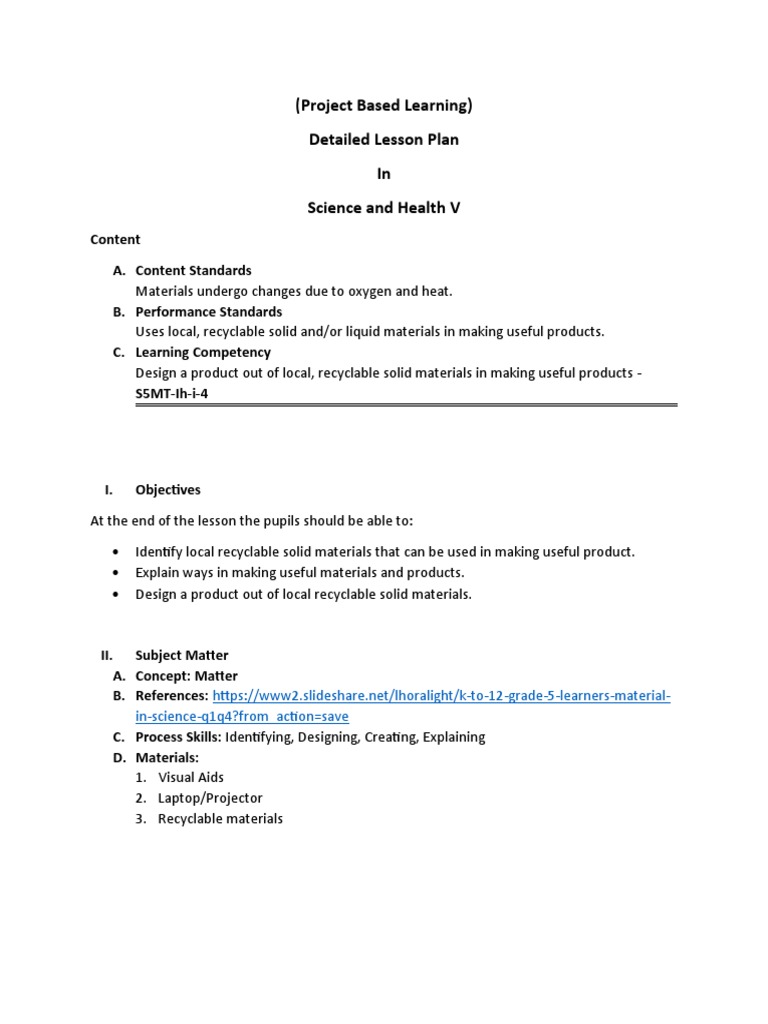 Project Based Learning Detailed Lesson Plan | PDF | Recycling | Lesson Plan