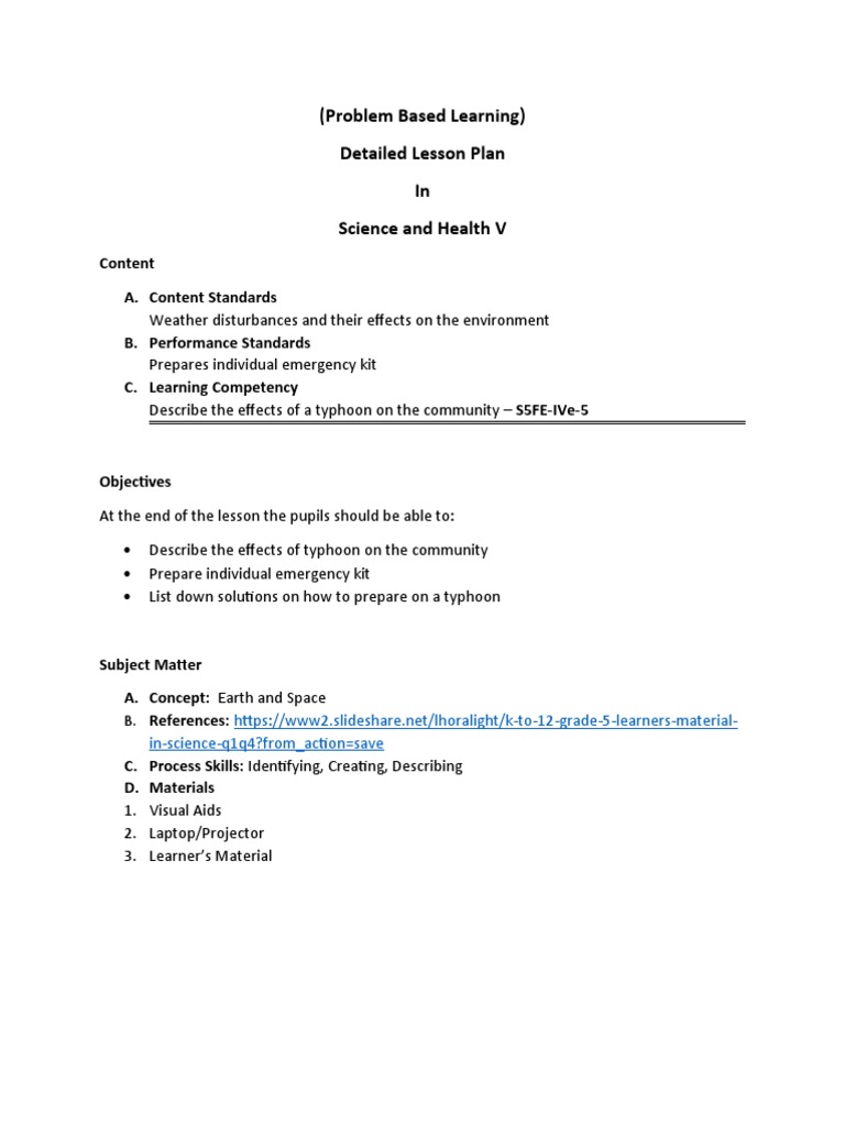 Problem Based Learning Detailed Lesson Plan | PDF | Lesson Plan | Teachers