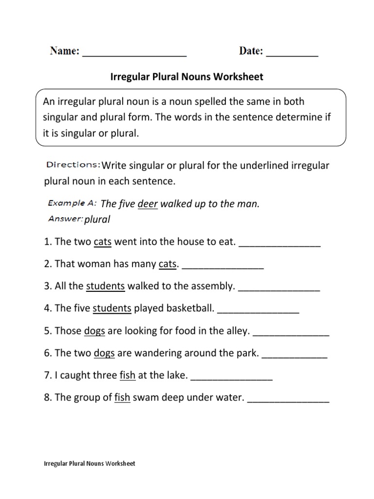 Irregular Plural Nouns Worksheet: The Five Deer Walked Up To The Man ...