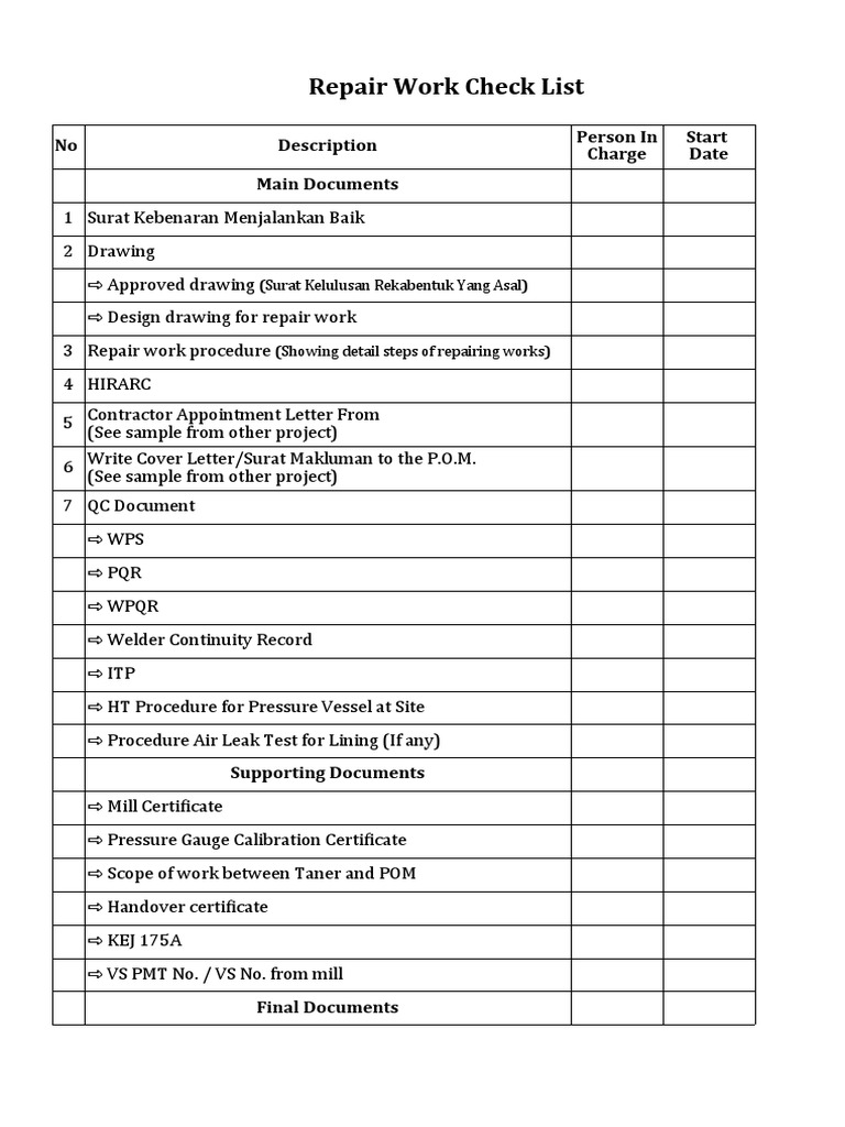 Repair Work Check List | PDF