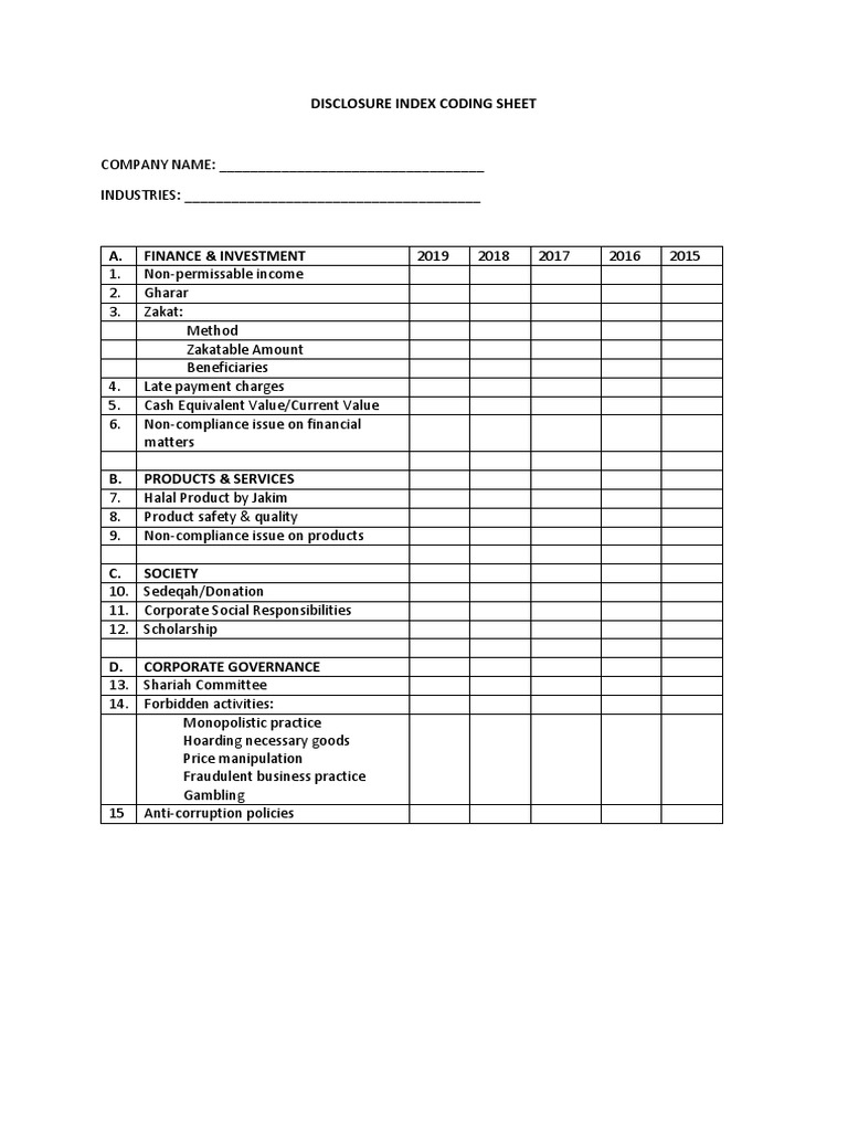 Disclosure Index Coding Sheet | PDF