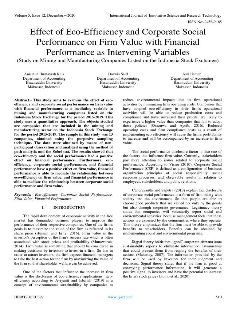 Effect of Eco-Efficiency and Corporate Social Performance On Firm Value With Financial ...