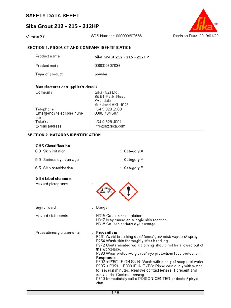 Sds Sika Grout 215 1011.nz PDF | PDF | Toxicity | Dangerous Goods