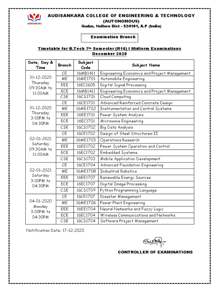 B.Tech 7th Sem Midterm Schedule | PDF