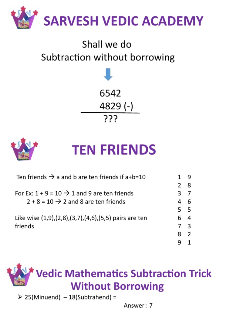 Sarvesh Vedic Academy: Shall We Do Subtraction Without Borrowing | PDF