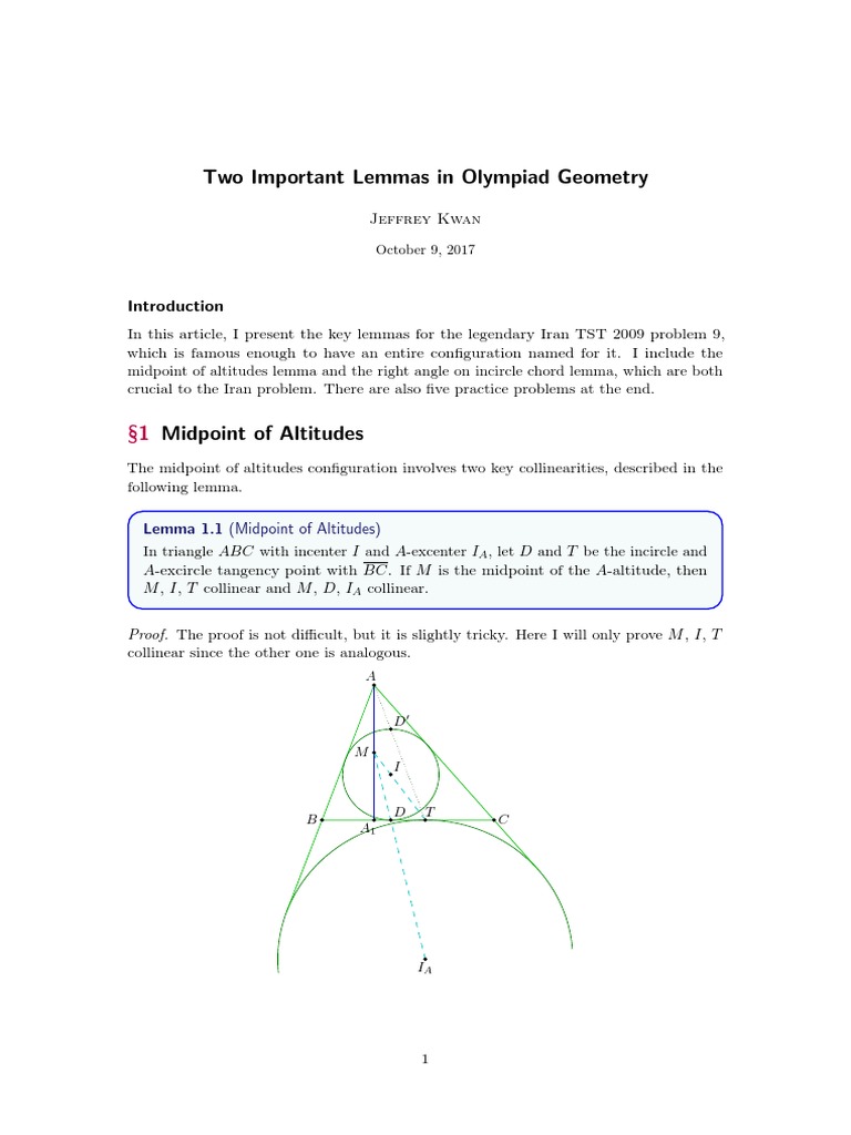 Two Important Lemmas in Olympiad Geometry: Lemma 1.1 (Midpoint of Altitudes) | PDF | Triangle ...