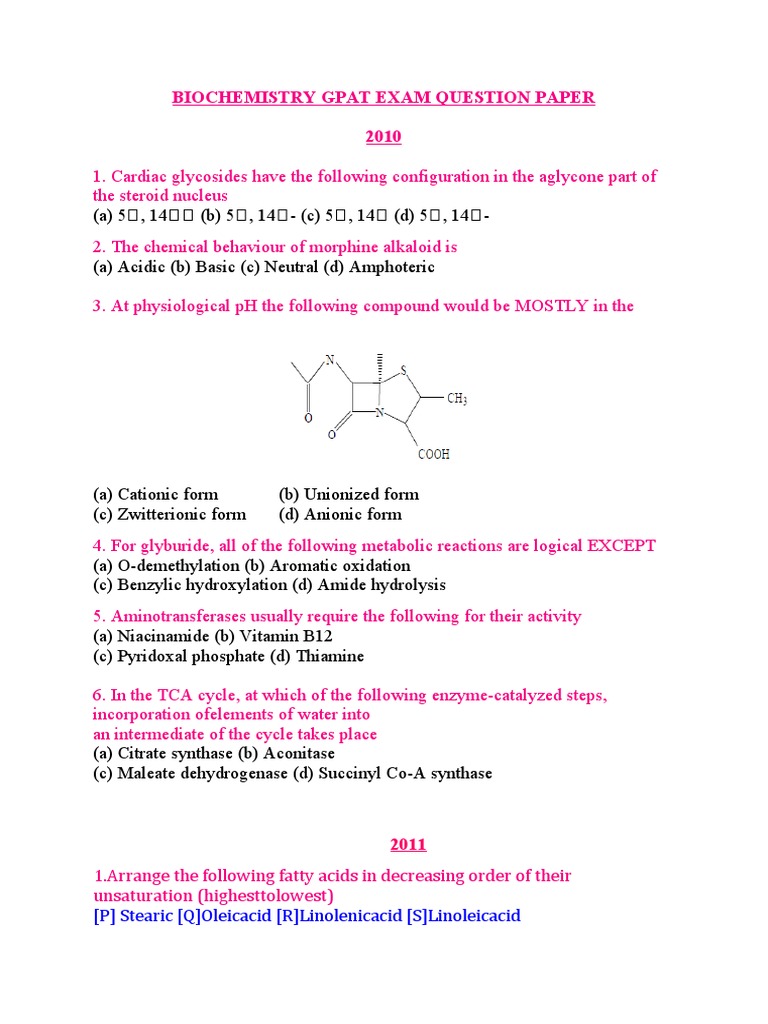 Biochemistry Gpat Exam Question Paper | PDF | Metabolic Pathway | Amino ...