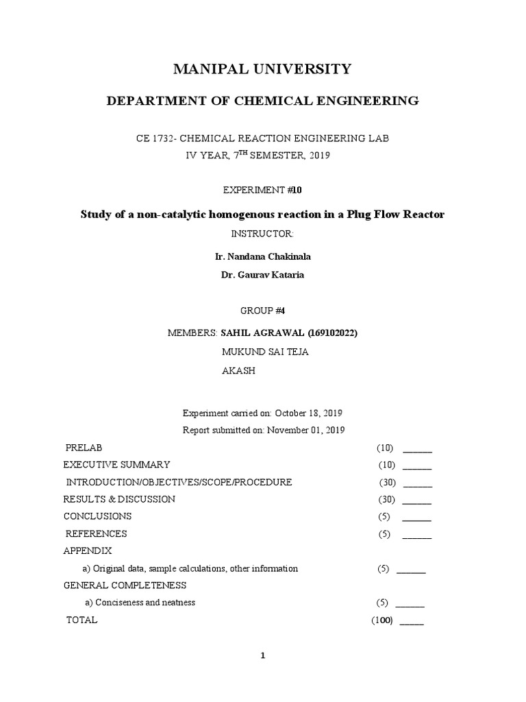 Cre Exp 10 Lab Report (PFR) | PDF | Chemical Reactor | Titration