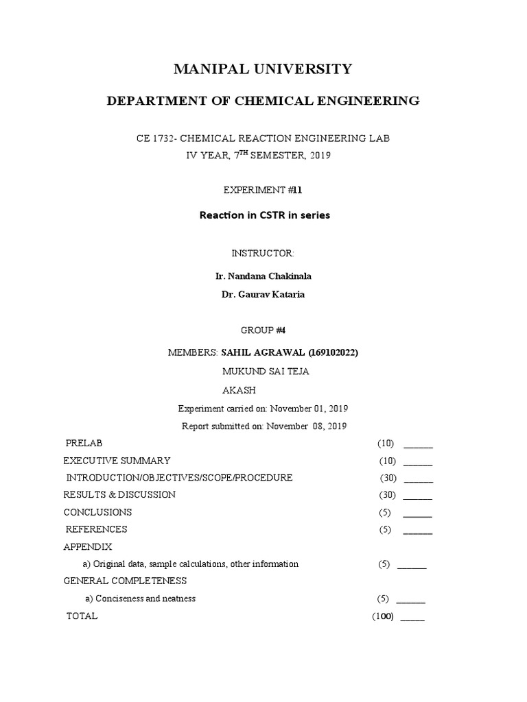 Cre Exp 11 Lab Report (CSTR IN SERIES) | PDF | Chemical Reactor ...