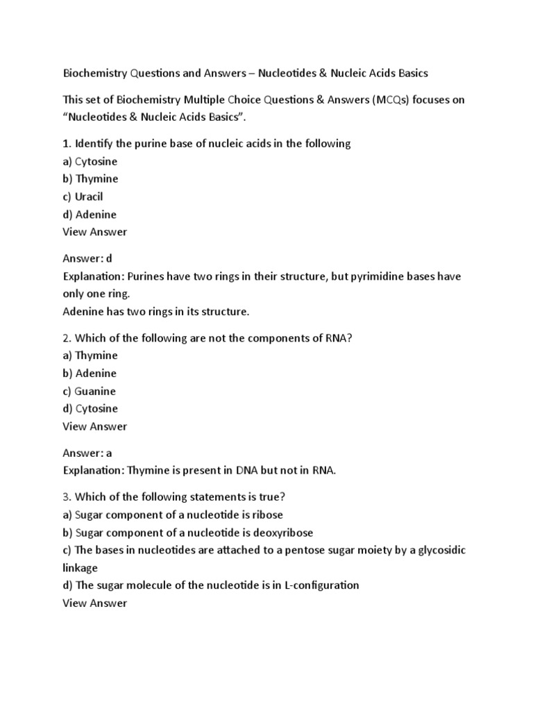 Biochemistry Questions and Answers | PDF | Nucleic Acids | Nucleotides
