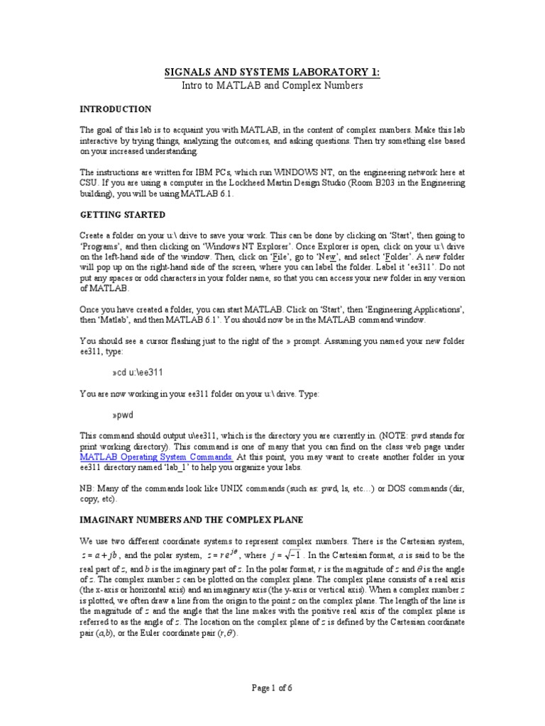 Signals and Systems Laboratory 1:: Intro To MATLAB and Complex Numbers ...