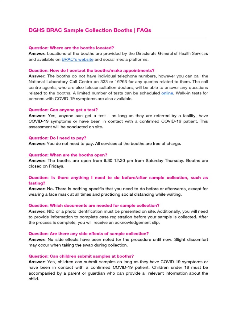 FAQ On BRAC Sample Collection Booths | PDF | Medicine | Health Sciences