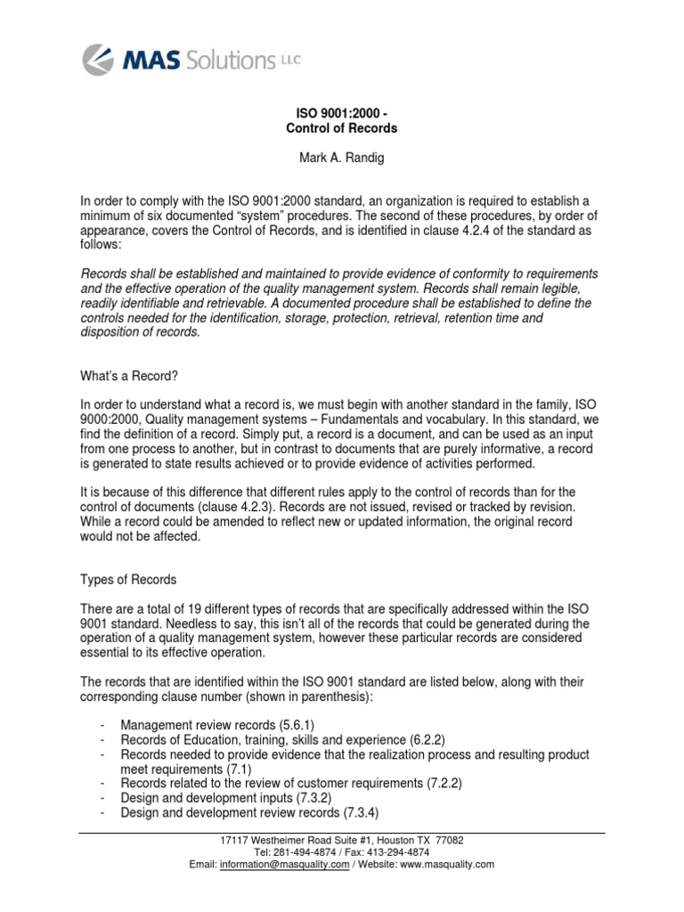 ISO 9001:2000 - Control of Records | PDF | Iso 9000 | Quality ...