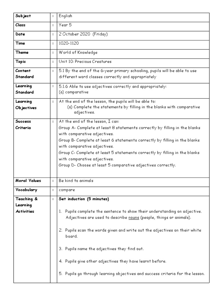 Lesson Plan Comparative Adjectives | PDF | Adjective | Lesson Plan