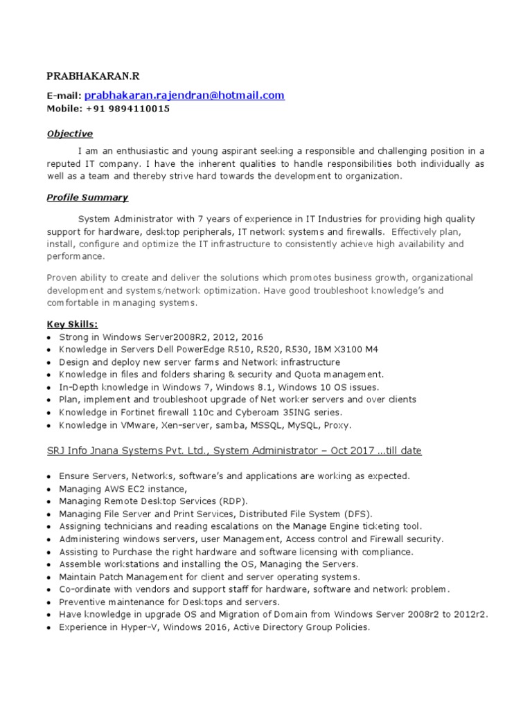 Prabhakaran.R: E-Mail: Mobile: +91 9894110015 | PDF | Remote Desktop Services | Microsoft Windows