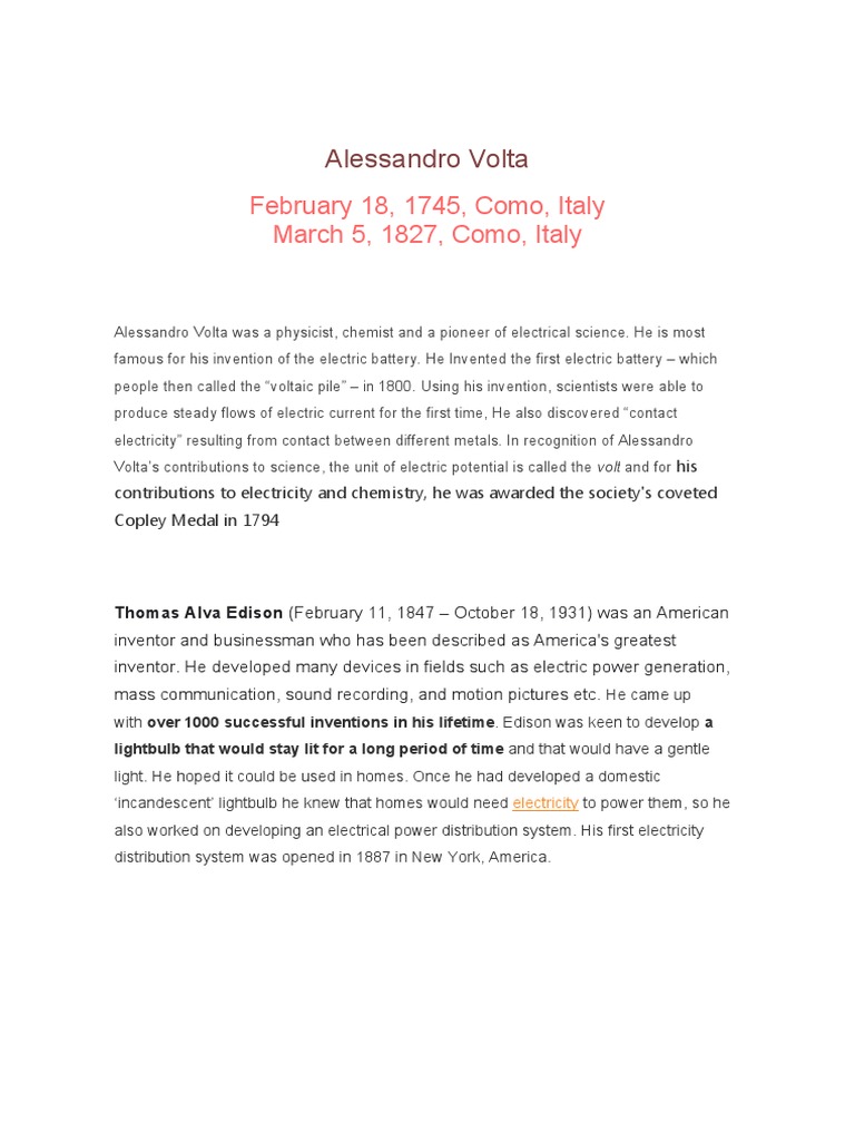 Alessandro Volta: February 18, 1745, Como, Italy March 5, 1827, Como ...