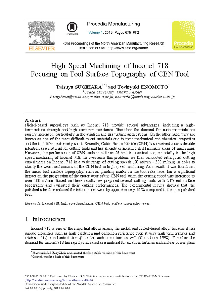 High Speed Machining of Inconel 718 Focusing On Tool Surface Topography of CBN Tool | PDF | Wear ...