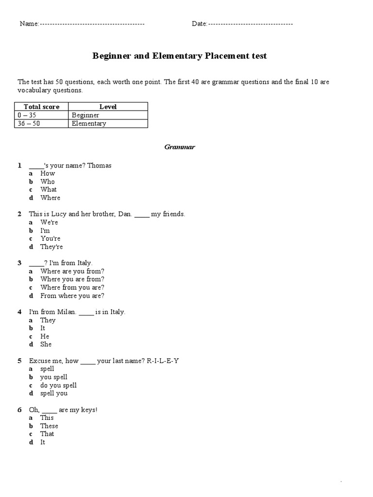 Beginner And Elementary Placement Test Grammar PDF
