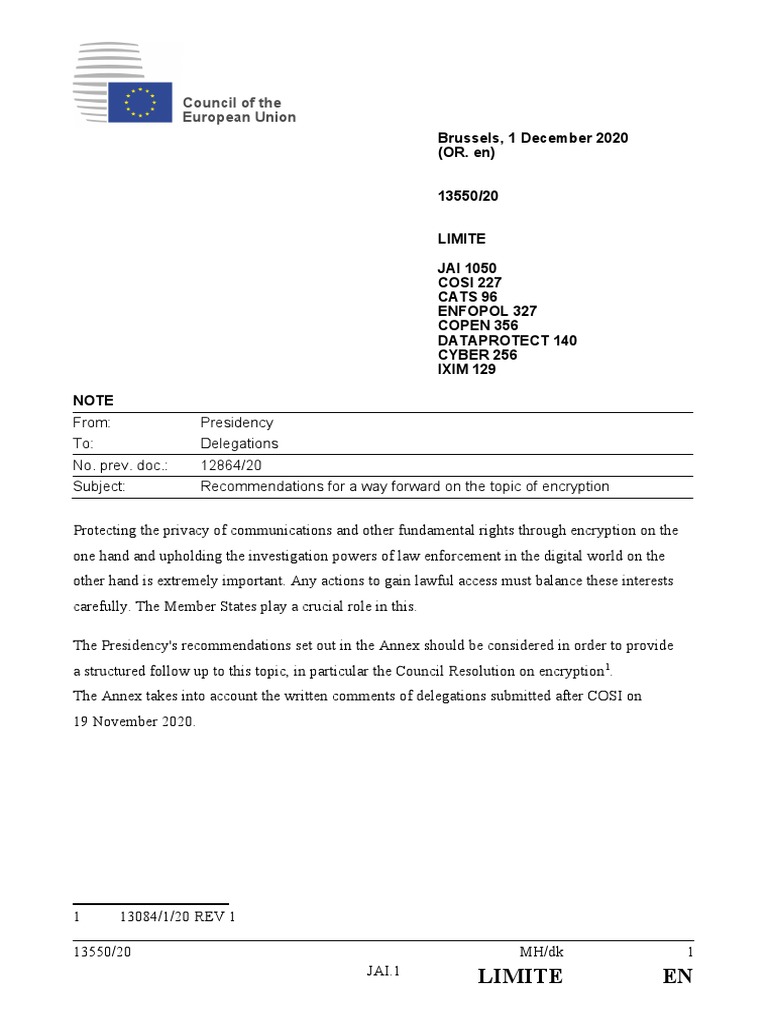 Brussels, 1 December 2020 (OR. En) 13550/20 Limite JAI 1050 COSI 227 Cats 96 Enfopol 327 COPEN ...