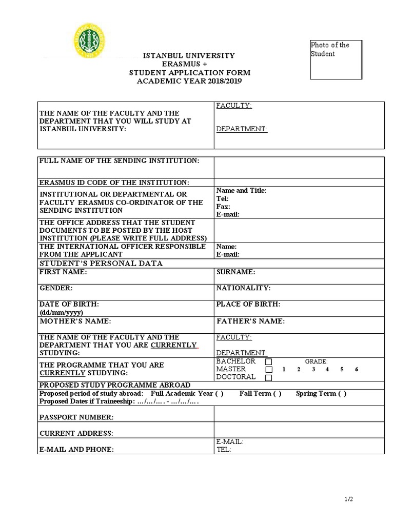 Istanbul University Erasmus + Student Application Form ACADEMIC YEAR 2018/2019 | PDF | Access ...