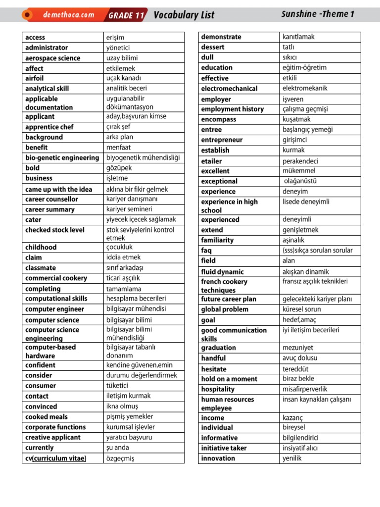 Grade 11 - Sunshine - Theme 01 - Vocabulary List | PDF | Language Arts ...