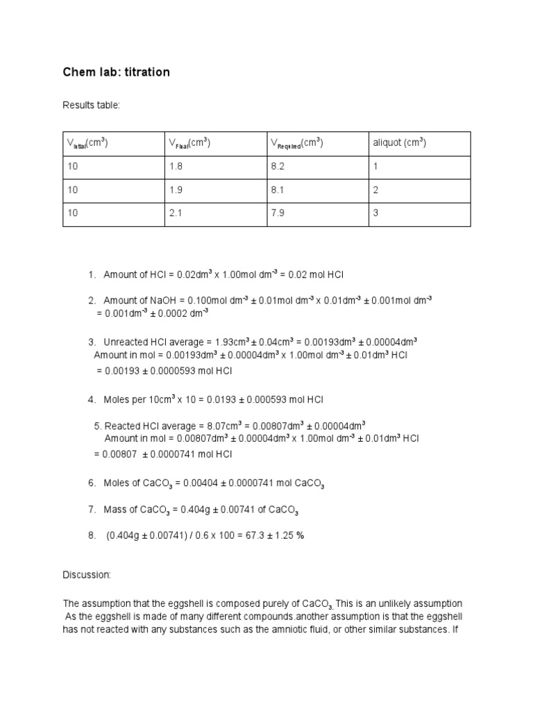 Chem Lab: Titration: V (CM) V (CM) V (CM) Aliquot (CM) 10 1.8 8.2 1 10 ...