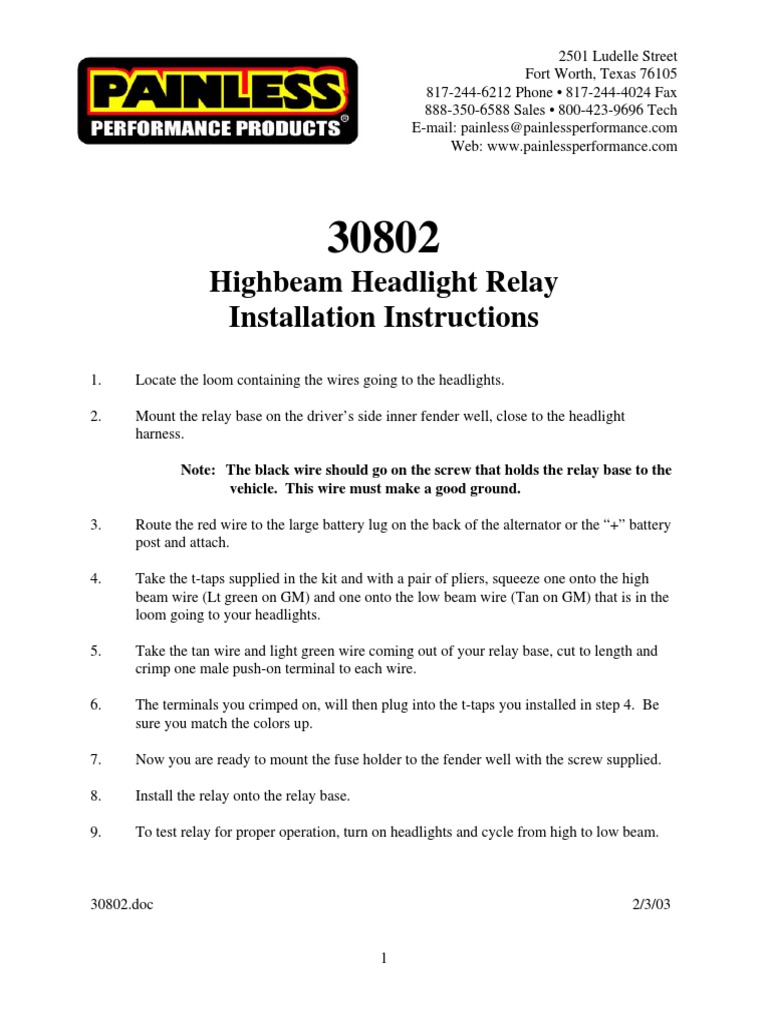 Highbeam Headlight Relay Installation Instructions: Vehicle. This Wire ...