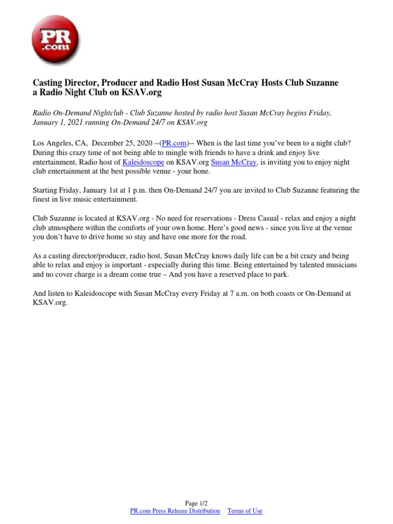 Casting Director, Producer and Radio Host Susan McCray Hosts Club ...