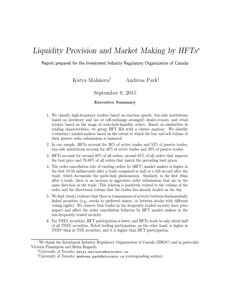 Liquidity Provision and Market Making by Hfts | Download Free PDF ...