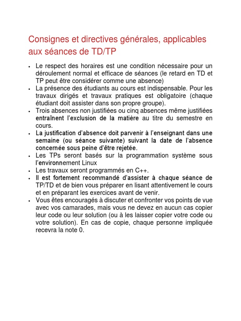 Consignes Et Directives Générales, Applicables Aux Séances de TD-TP | PDF