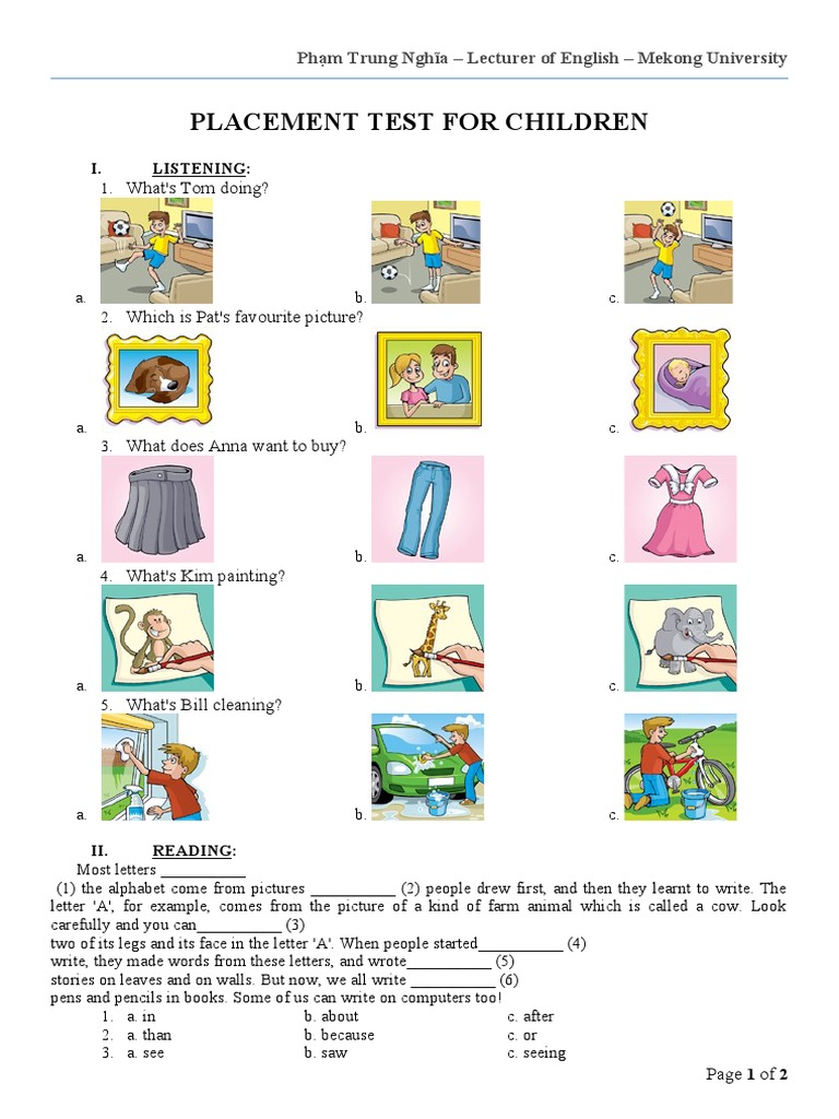 Placement Test For Children: What's Tom Doing? | PDF