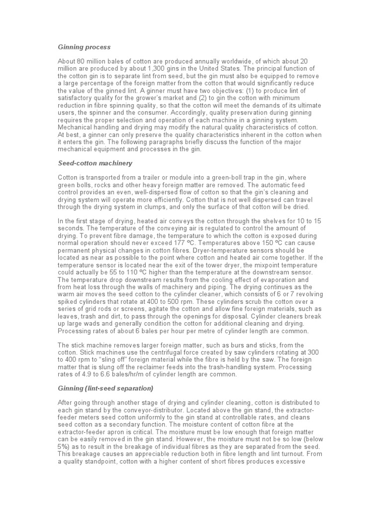 Cotton Ginning Process Explained | PDF | Cotton | Occupational Safety ...