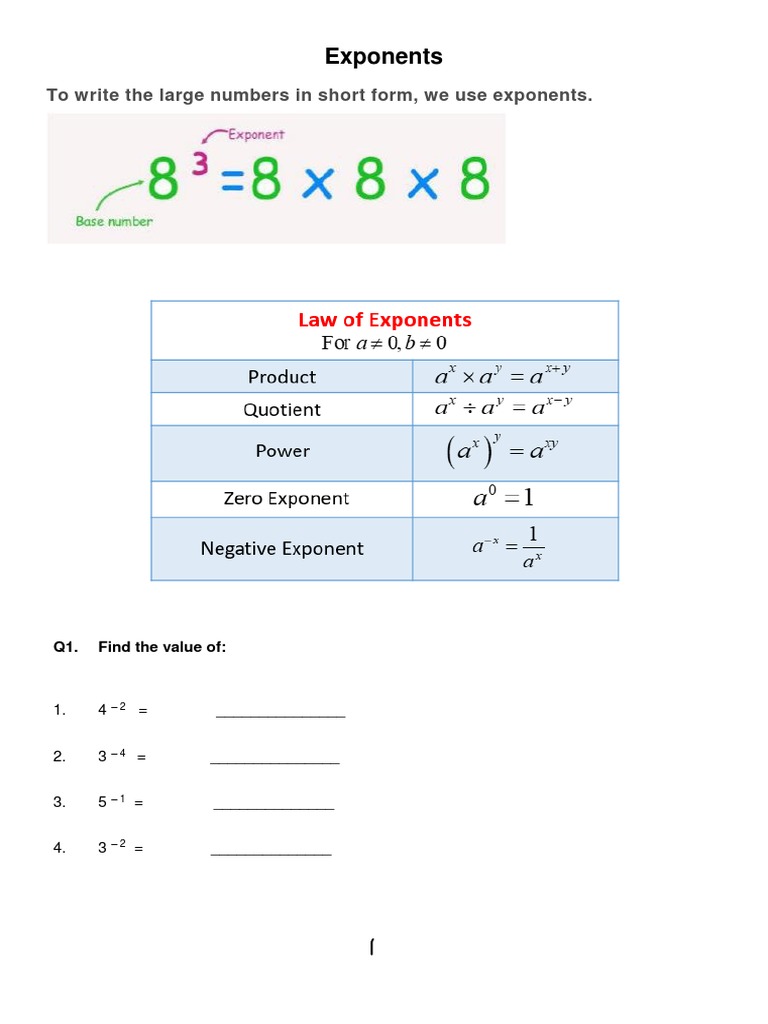Exponents Practice and Evaluation Worksheet | PDF