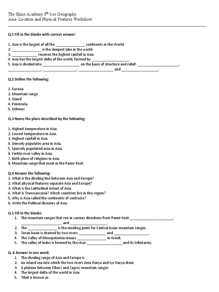 The Shine Academy 8 Icse Geography Asia-Location and Physical Features ...