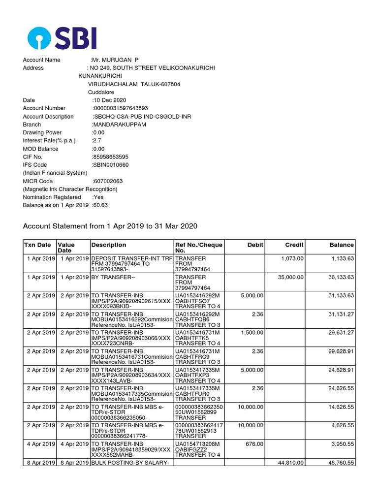 2019-2020 Sbi Statement | PDF | Personal Identification Number | Banking