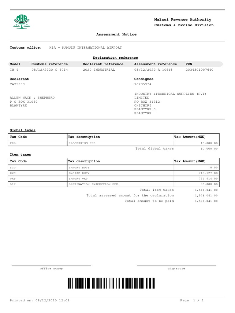 C9714 Assessment Notice | PDF | Customs | Services (Economics)